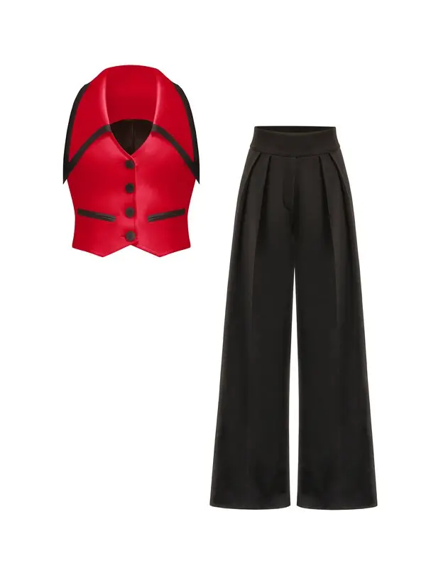 TIA DORRAINE Black And Red Waistcoat And Wide-leg Trouser Set - Black/red