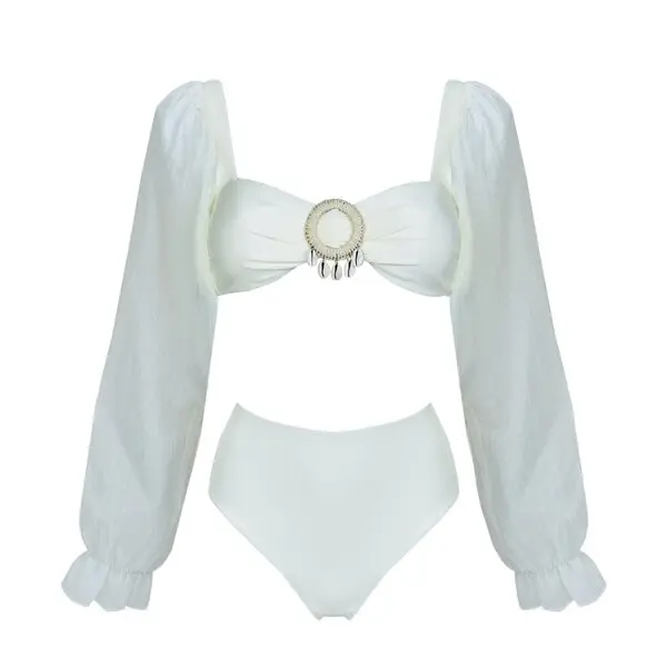AULALA PARIS The Siren's Whisper Long Sleeve High Waist Swimsuit With Seashell Embellishment - White