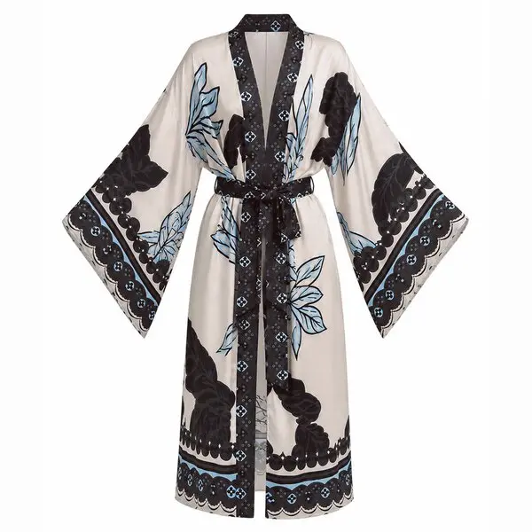 Loveist Store Blue / Brown Adenium Statement Print Silky Satin Kimono - Blue/brown