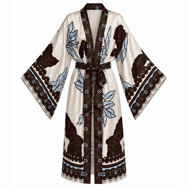 Loveist Store Blue / Brown Adenium Botanical Print Jacquard Satin Kimono - Blue/brown