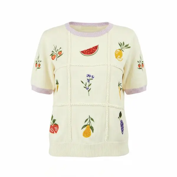 YUMI Ivory Fruit Cotton Knitted Top - White