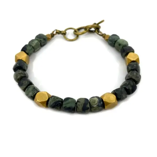 Rachel Nathan Green / Gold Narrow: Kambaba Jasper Cube Bracelet - Green/gold