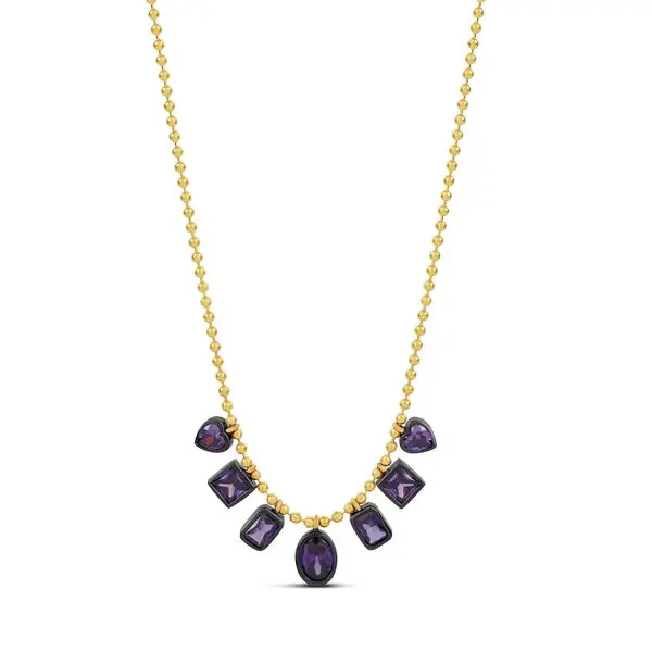 SHYMI Gold Plated Beaded Ball Chain Necklace With Mixed Shape Cubic Zirconia - Gold/purple