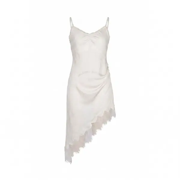 MODENAIRE Asymmetric Satin Slip Dress With Lace Trim And Draped Silhouette - White