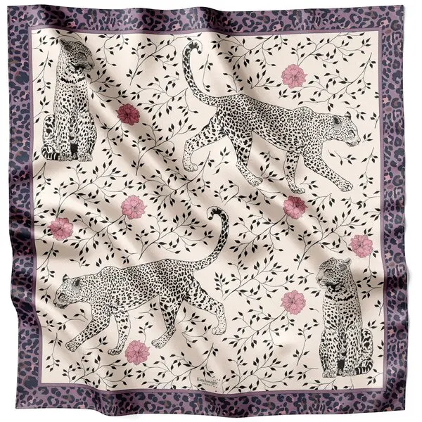 LAMBERTY MUNICH Purple / Neutrals / Pink Graceful Leopard Classic Italian Mulberry Silk Scarf Beige - Purple/pink