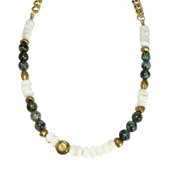Rachel Nathan African Turquoise And Mother Of Pearl Beaded Necklace With Brass Accents - Green/blue