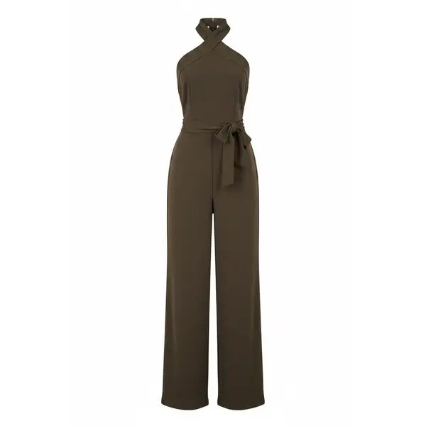 YUMI Cross Over Halter Neck Jumpsuit - Brown