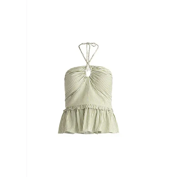 PAISIE Green / White Halterneck Peplum Top In Green & White - Green/white