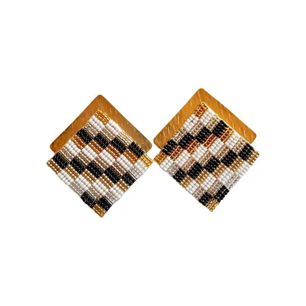 ILIANA ARRAZOLA Black / White / Gold Minimalist Deconstructed Knot Stud Earrings, Black And White, Glass Beads, Beaded Jewelry - Black/white/gold