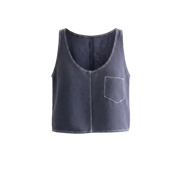 RUE LES CREATEURS Indigo Linen Blend Cropped Blouse