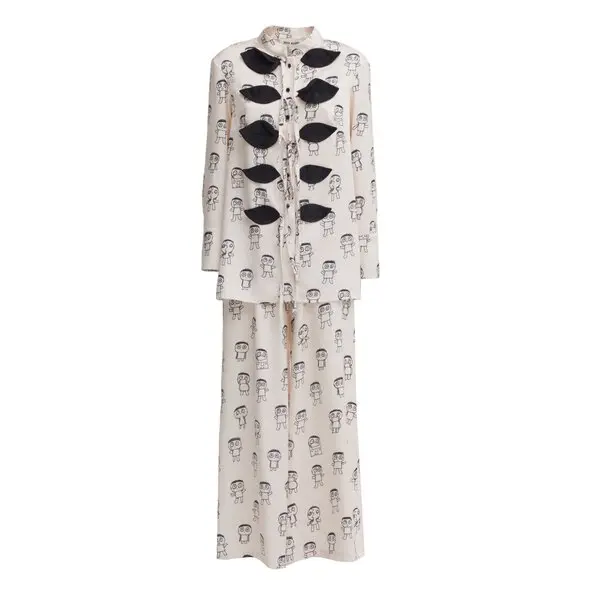 JULIA ALLERT Neutrals Art Print Longline Blouse & Wide-leg Co-ord Set – Ivory - White