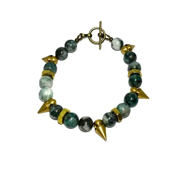 Rachel Nathan Pyrite Jade Beaded Bracelet With Brass Spikes - Blue/green/gold