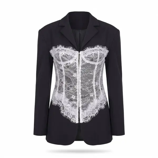 MODENAIRE Lace Corset Detail Tailored Blazer - Black