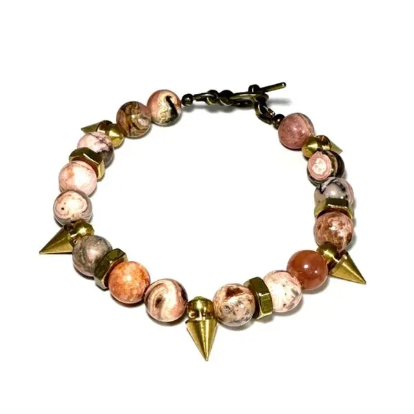 Rachel Nathan Beaded Rhodochrosite Bracelet With Brass Spikes - Gold/pink
