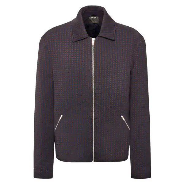 SERRAN LONDON Blue / Brown Houndstooth Knitted Jacket Navy & Brown