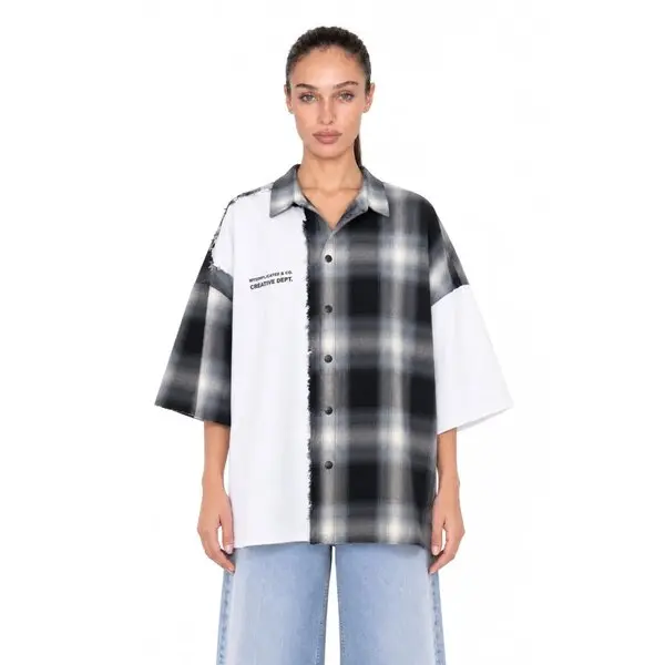 MYSIMPLICATED Oversized Plaid And Cotton Shirt With Asymmetrical Design - Grey/white