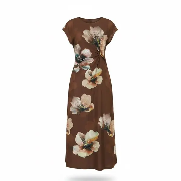 YUMI Mesh Floral Midi Dress - Brown