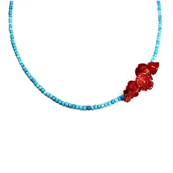 Rachel Nathan Beaded Turquoise And Red Bamboo Flower Necklace