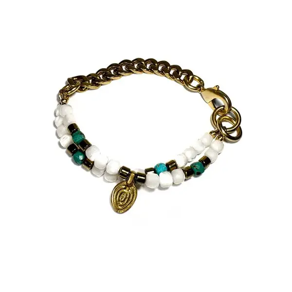 Rachel Nathan Turquoise And Mother Of Pearl Beaded Chain Bracelet With Brass Charm - White/blue/gold