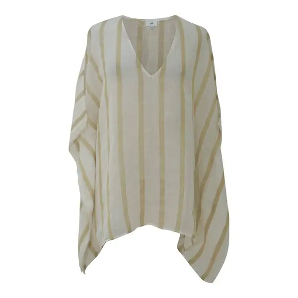 JOSHI Neutrals / V Neck Linen Kaftan Gold Stripes Short - White