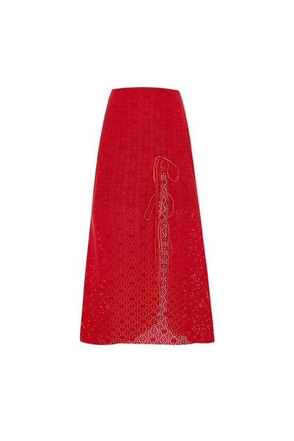 PCFG The Broderie Anglaise Edit Embroidered Midi Skirt With Side Slit & Ribbon Tie - Red