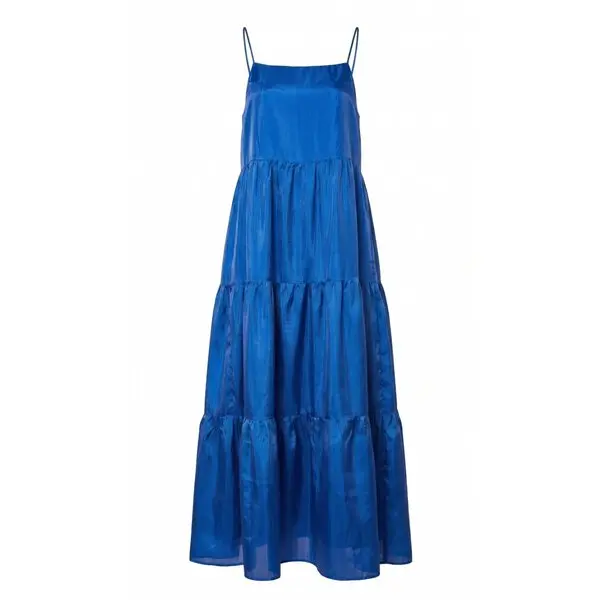 SILK AND BEARS Valentina Royal 100% Silk Tiered Maxi Dress — Habotai Silk - Blue