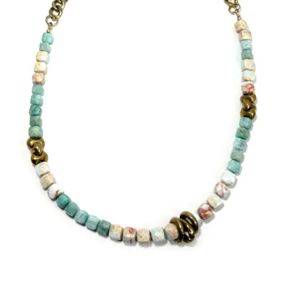 Rachel Nathan Amazonite & Aqua Terra & Indian Brass Necklace - Blue/pink