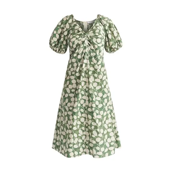 PAISIE Neutrals Puff Sleeve Twist Dress In & Cream - Green