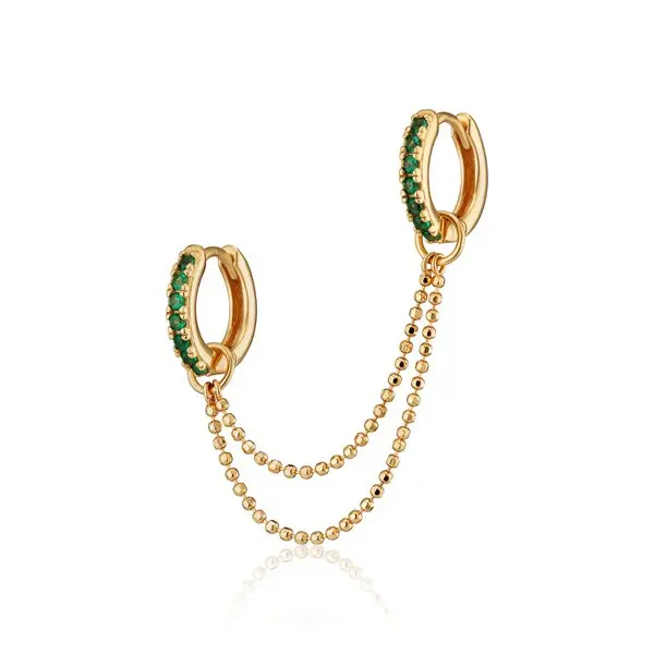 SCREAM PRETTY Emerald Green Double Chain Huggie Earring - Gold