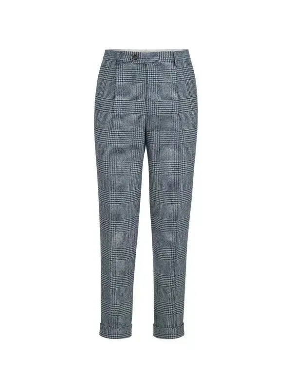 Brunello Cucinelli Comfort Wool And Cashmere Prince Of Wales Flannel Trousers With Pleat - Blue