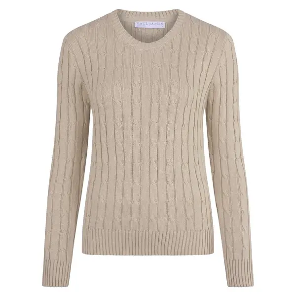 PAUL JAMES KNITWEAR Cotton Taylor Cable Crew Neck Jumper Pebble - Brown