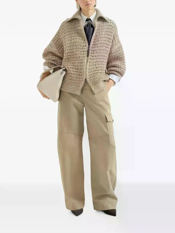 Brunello Cucinelli Virgin Wool And Cashmere Net Cardigan With Sequins - Neutrals
