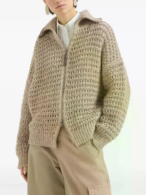 Brunello Cucinelli Virgin Wool And Cashmere Net Cardigan With Sequins - Neutrals