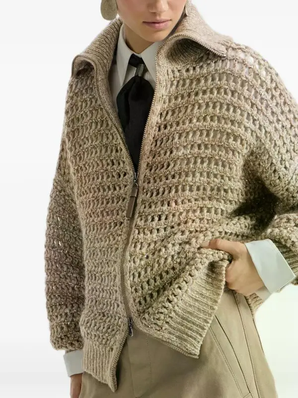 Brunello Cucinelli Virgin Wool And Cashmere Net Cardigan With Sequins - Neutrals