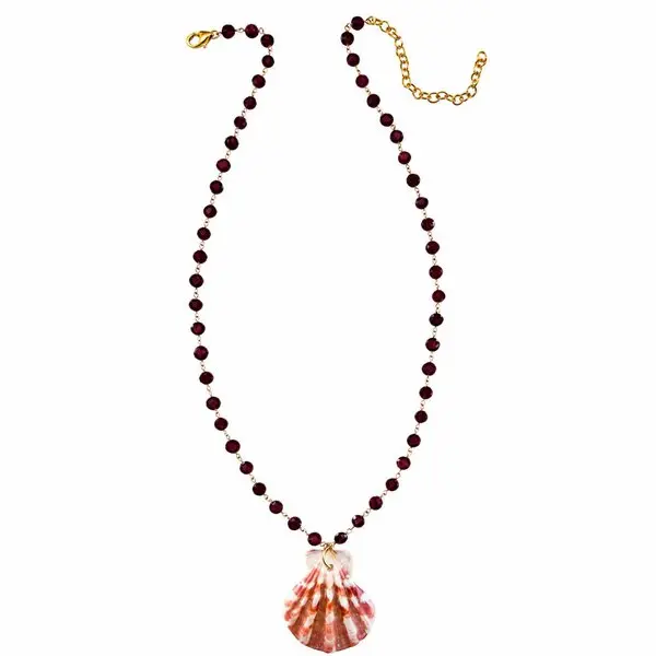 HEATHER HAWKINS Short Scallop Shell Coin Gemstone Necklace -garnet - Red