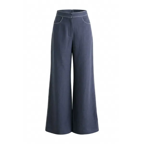 RUE LES CREATEURS Indigo Linen Blend Wide Leg Trousers