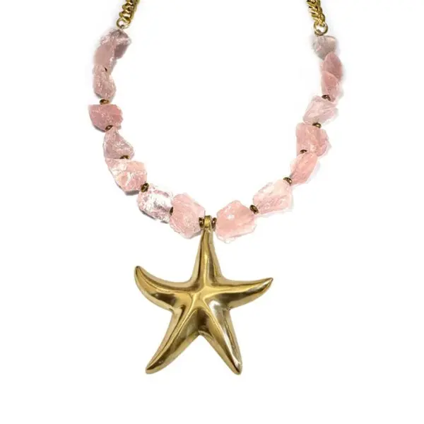 Rachel Nathan Pink / Gold Raw Rose Quartz & Starfish Necklace - Pink/gold