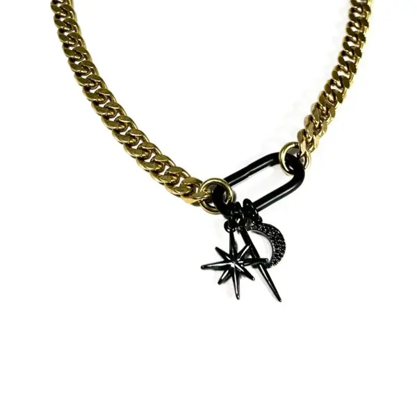 Rachel Nathan Black / Gold Race Track: Matte Black Celestial Charm Necklace