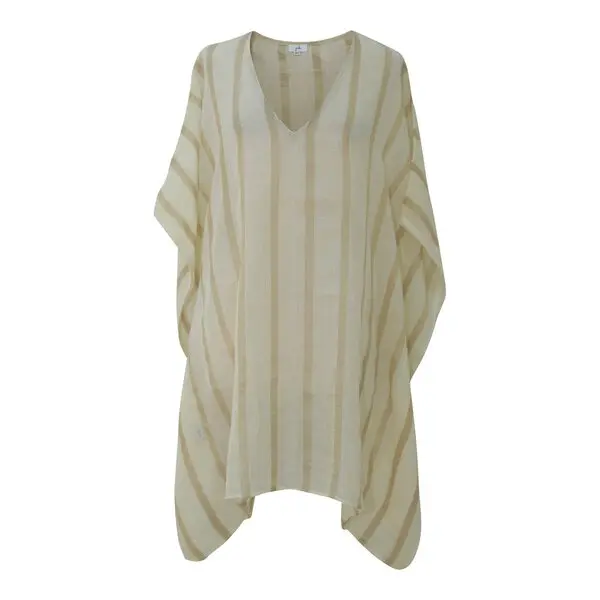 JOSHI Neutrals / V Neck Linen Kaftan Gold Stripes Long Light Eggnog Color - White
