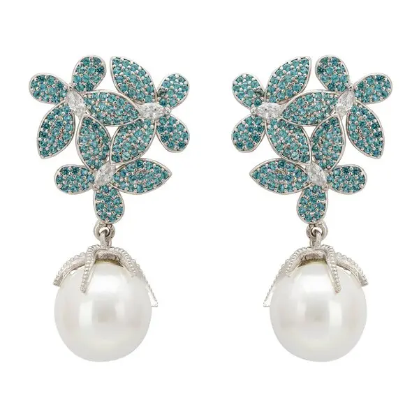 LATELITA Blue / Silver Flowers Pearl Earrings Aqua Blue Silver - Blue/silver