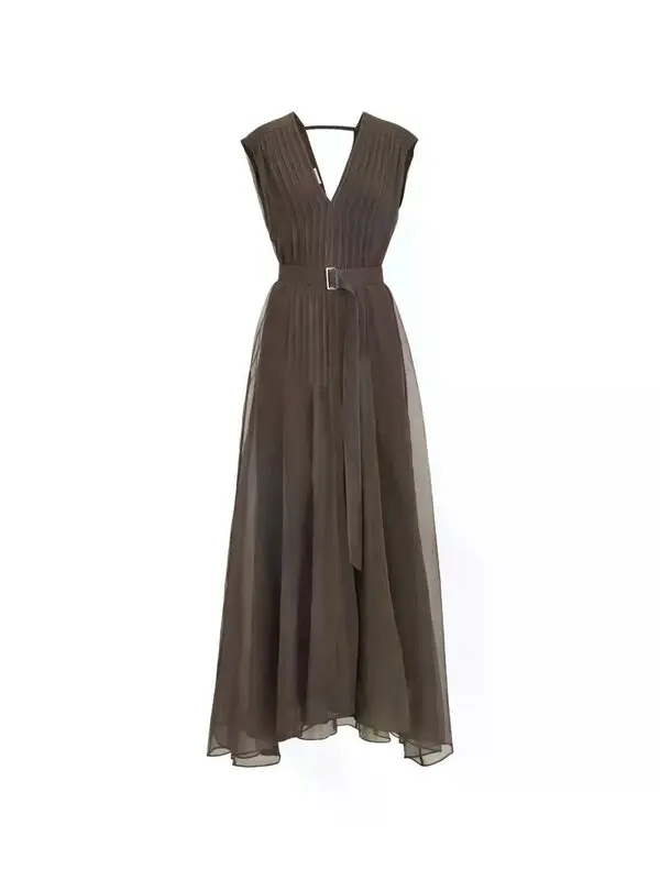 Brunello Cucinelli Crispy Silk Belted Dress With Pleated Detail And Precious Strap - Brown