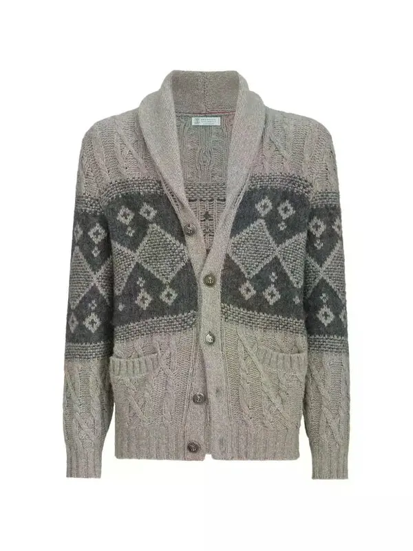 Brunello Cucinelli Virgin Wool, Silk, And Cashmere Cable-knit Cardigan With Intarsia - Grey