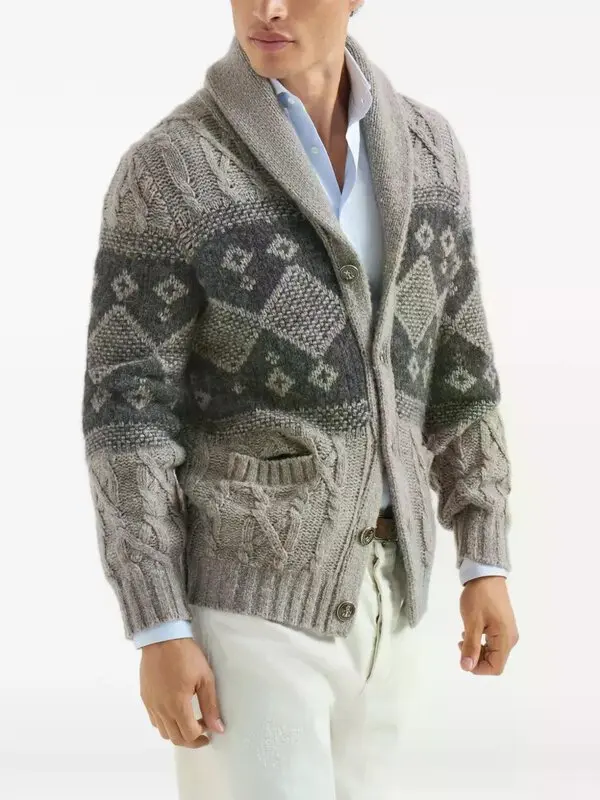 Brunello Cucinelli Virgin Wool, Silk, And Cashmere Cable-knit Cardigan With Intarsia - Grey