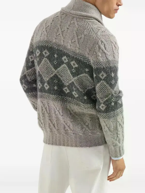 Brunello Cucinelli Virgin Wool, Silk, And Cashmere Cable-knit Cardigan With Intarsia - Grey