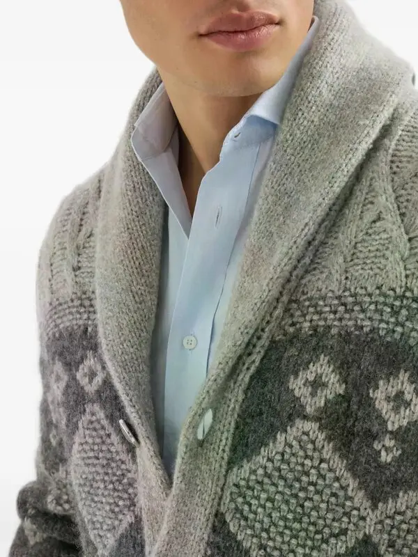 Brunello Cucinelli Virgin Wool, Silk, And Cashmere Cable-knit Cardigan With Intarsia - Grey