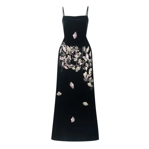 SILK AND BEARS Hand-embroidered Silk Velvet Bias Slip Maxi Dress — Fan Motif — Velvet Atelier - Black