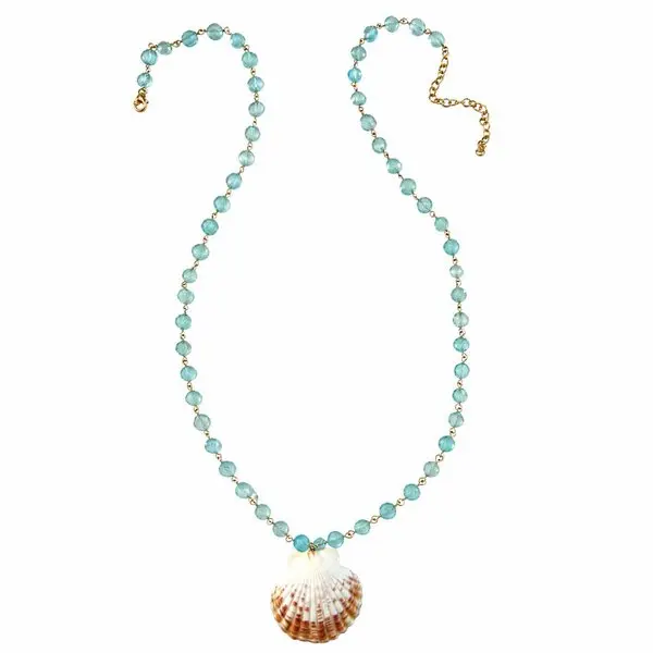 HEATHER HAWKINS Long Scallop Shell Coin Gemstone Necklace Chalcedony - Blue