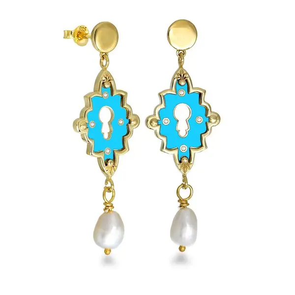 MYRTO KATRAMADOU JEWELLERY 18k -plated Sterling Silver Turquoise Enamel Cubic Zirconia Pearl Drop Earrings - Gold