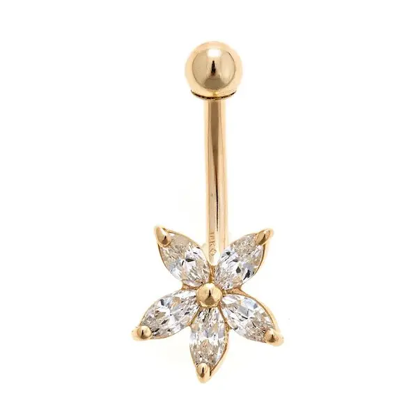 Zahav Jewelry 14k Solid Yellow Flower Cz Belly Ring