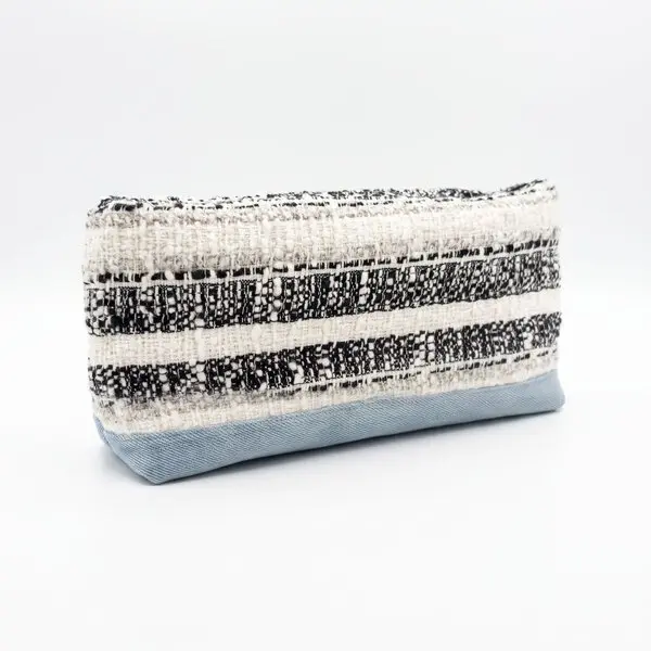 C. GRASSI Grey / Black Small Bolster Clutch – Style 002 – Cream, Black & Grey Bouclé Stripe With Denim - Grey/black